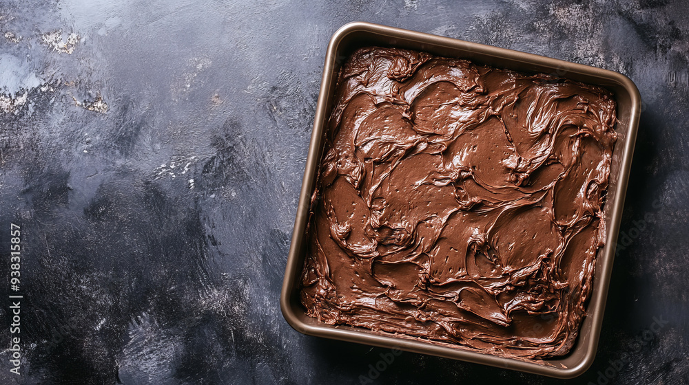 “Chocolate cake dough spread evenly in a baking tray, ready to be baked ...
