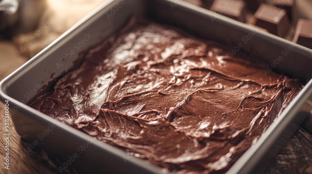 “Chocolate cake dough spread evenly in a baking tray, ready to be baked ...