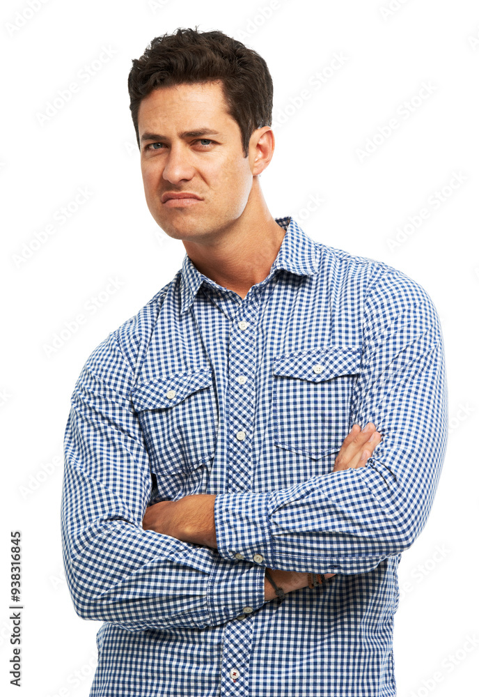 Portrait, confused and man with arms crossed, doubt and model isolated ...