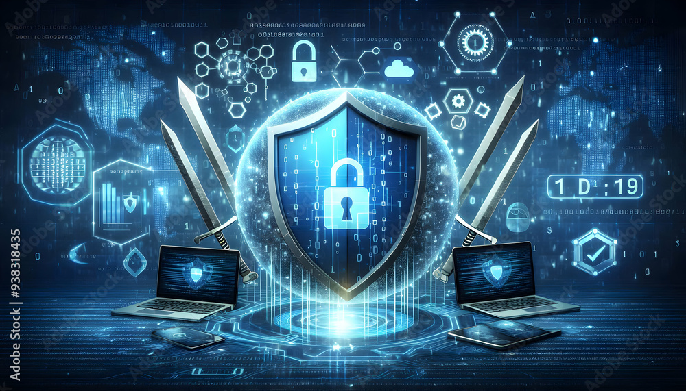 2D vector as Cyber defense icon with a shield and crossed swords ...