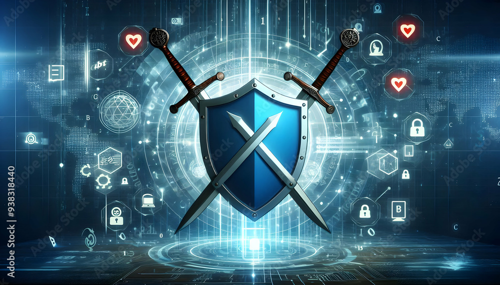 2D vector as Cyber defense icon with a shield and crossed swords ...