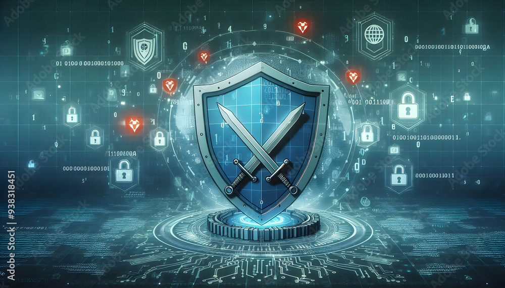 2D vector as Cyber defense icon with a shield and crossed swords ...