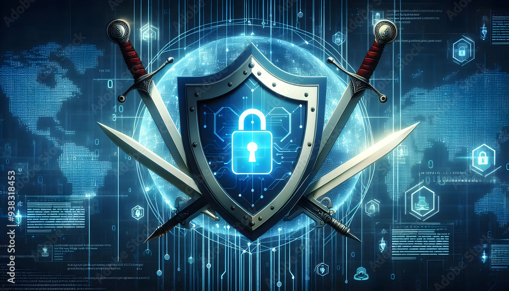2D vector as Cyber defense icon with a shield and crossed swords ...