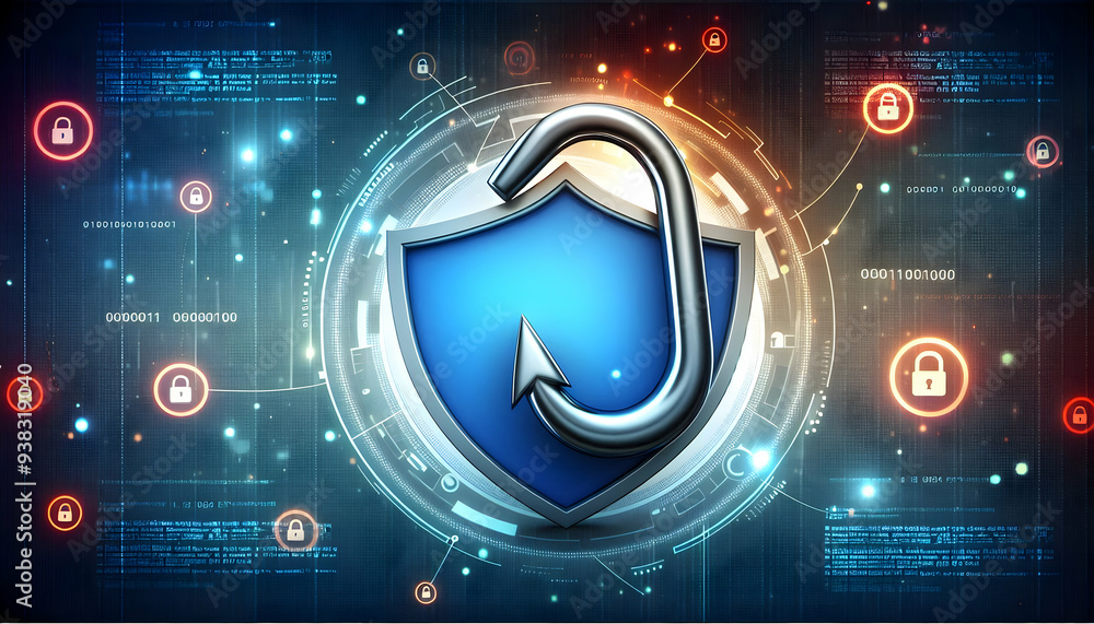 2D vector as Phishing protection icon with a hook and shield concept as ...