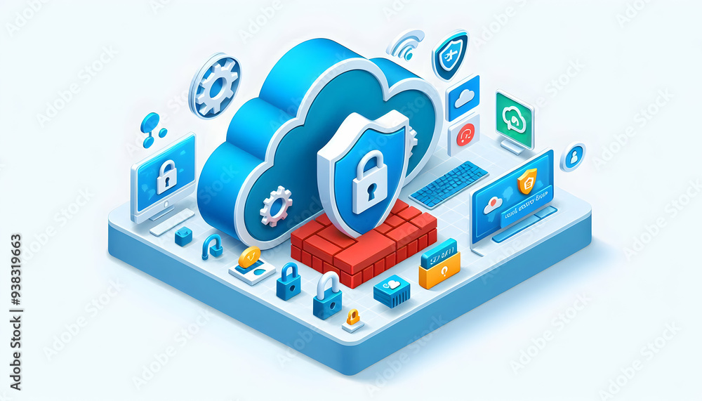 3d Flat icon as Cloud computing and network security with firewall and encryption symbols ...