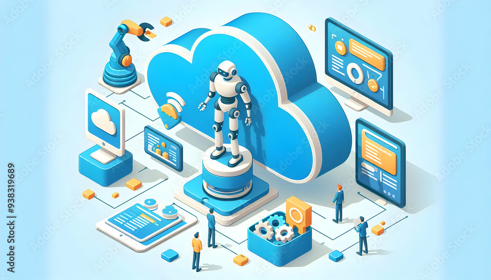 3d Flat icon as Cloud computing automation with robotic process automation RPA symbols concept ...