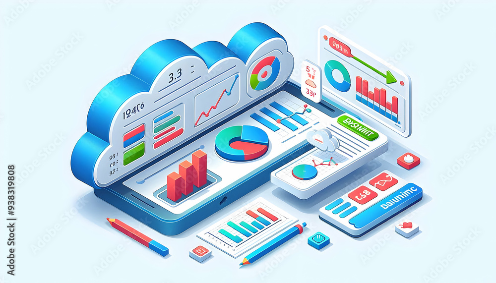 3d Flat Icon As Cloud Computing Performance Monitoring With Graph And Dashboard Symbols Concept