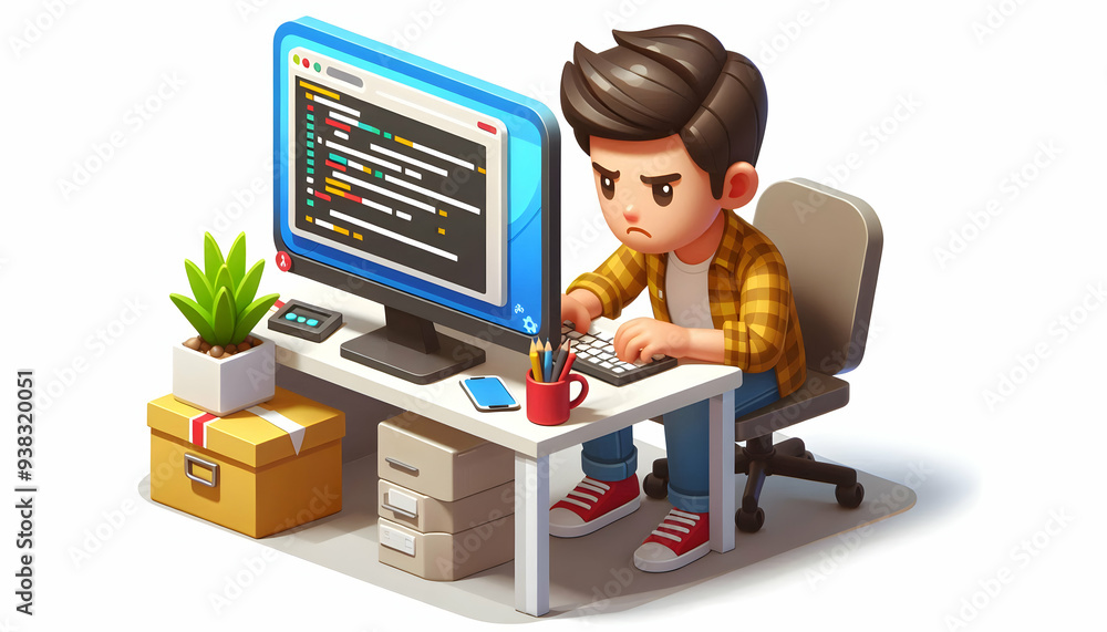 3d Flat icon as Developer looking at a failed software update appearing ...