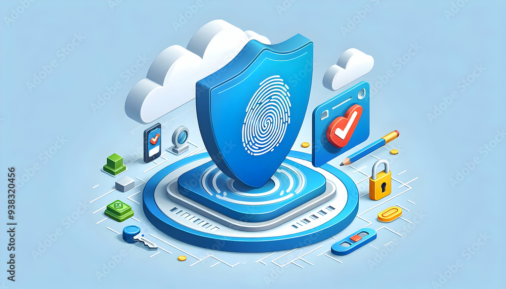 3d Flat vector as Biometric security icon with a fingerprint and shield concept as Vector ...