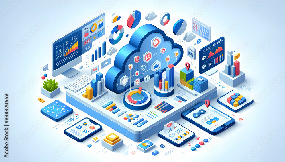 3d Flat Vector As Cloud Based Analytics And Big Data With Data Visualization Symbols Concept As