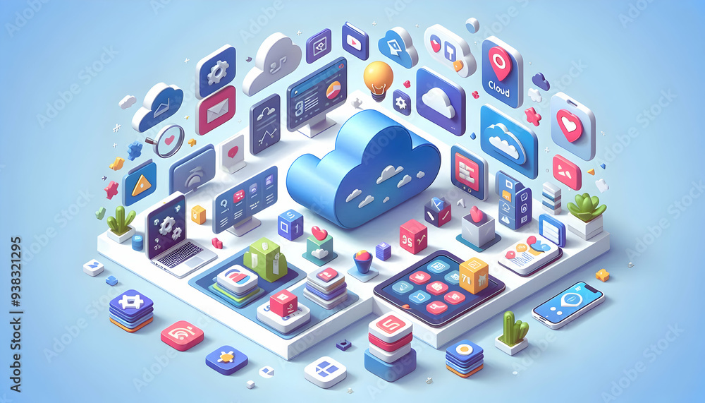 3d Flat vector as Cloud computing with SaaS applications and app icons ...