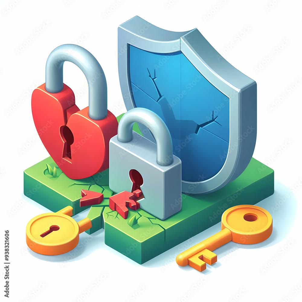 3d Flat vector as Data breach icon with a broken lock and shield ...
