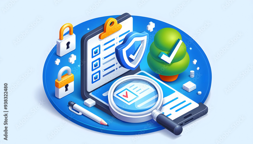 3d Flat vector as Security audit icon with a checklist and magnifying ...