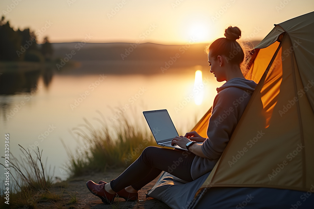 Female freelancer camping by the lake, sitting on the tent entrance and ...