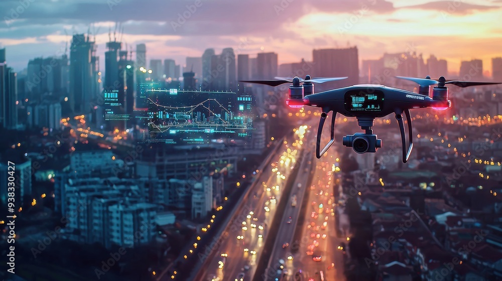 An AI-powered drone monitoring city infrastructure from above, with a ...