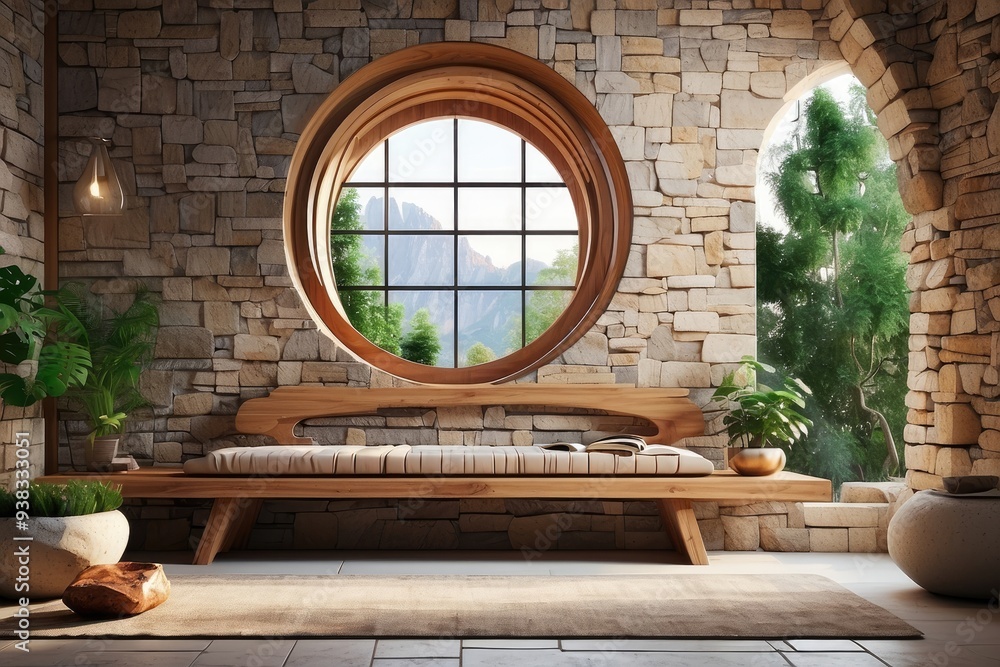 Wooden rustic bench near the wild stone cladding wall facing the window ...