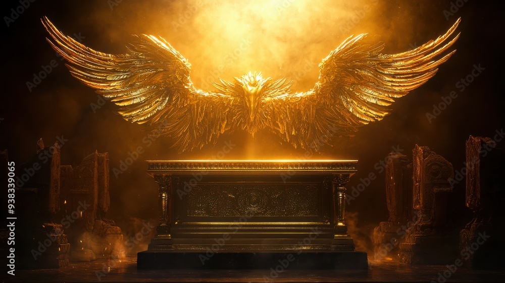Artistic portrayal of the Ark of the Covenant with golden cherubim, set ...