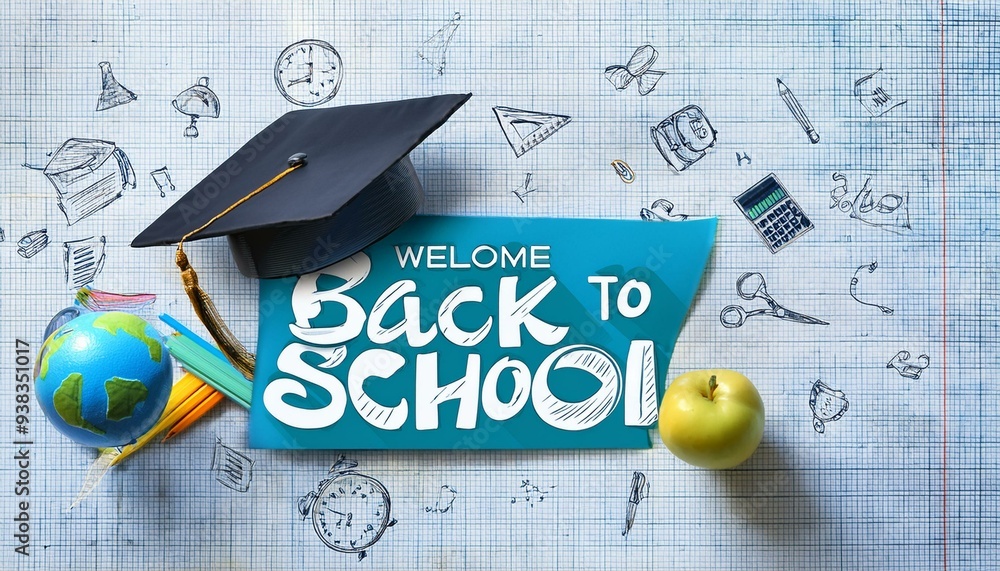 Welcome back to school design featuring text, icons, and a graduation ...