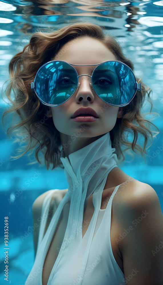 Woman in a swimming pool wearing sunglasses. Beautiful female model ...