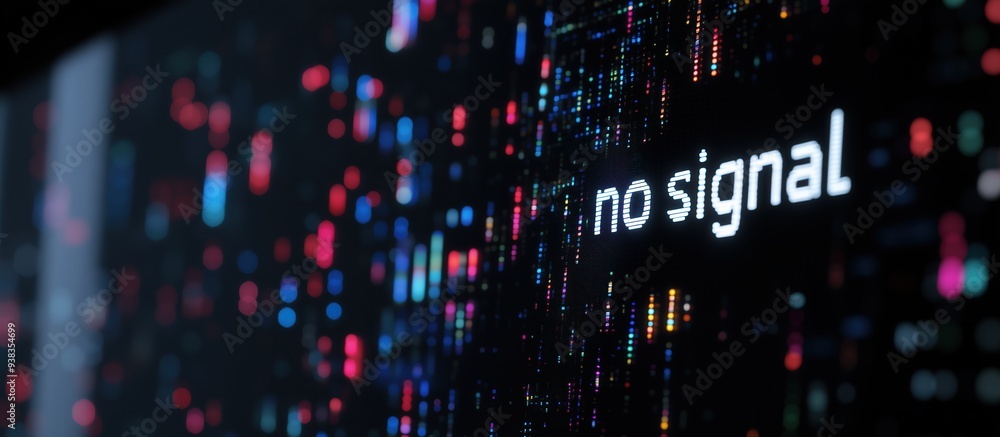 A dark screen displays a "No Signal" message with colorful digital ...