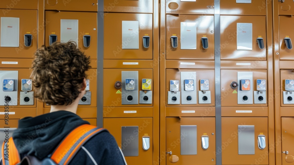 photo of A student looks at a school locker,photograph, close-up ...