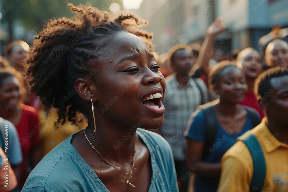 An emotionless black woman with a sad look looks at the camera and ...
