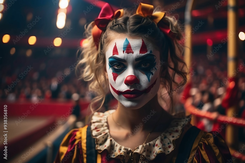 Young red haired woman dressed in a clown costume. Circus performer ...