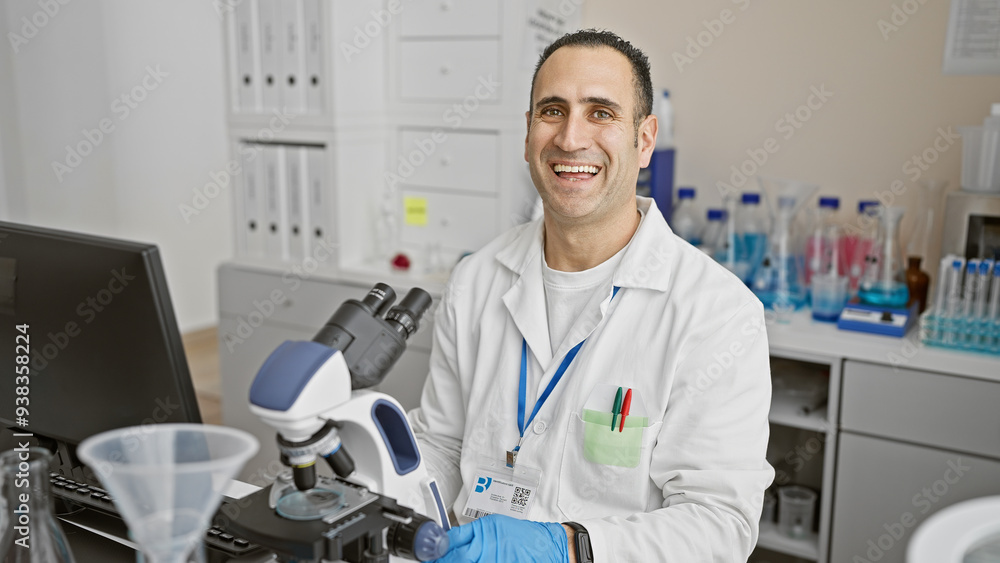 Smiling hispanic man in a laboratory wearing a lab coat and gloves ...