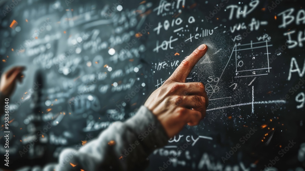A teacher's hand pointing to an advanced math problem on a blackboard ...