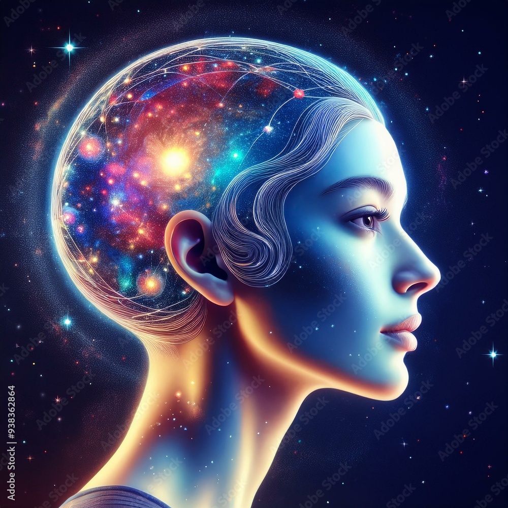 Profile of a woman with the cosmos as a brain. The scientific concept ...
