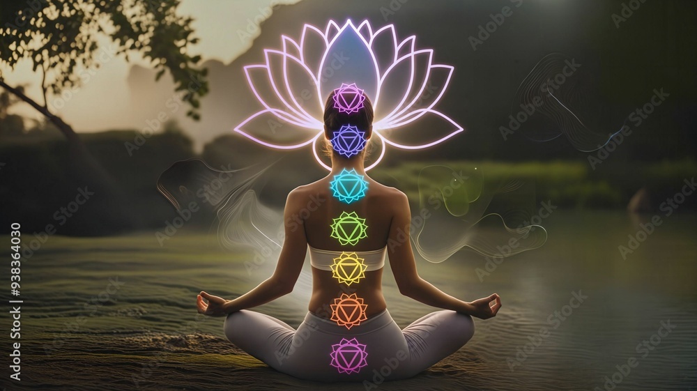 Yoga meditation outdoors. Woman sits in a Lotus pose near a lake ...