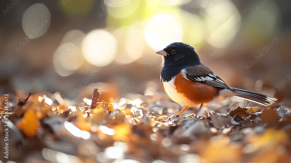 Eastern Towhee (Pipilo erythrophthalmus) scratching in the leaf litter ...