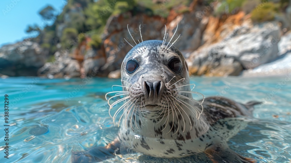 Mediterranean monk seal swimming in clear waters of Greece, showcasing ...