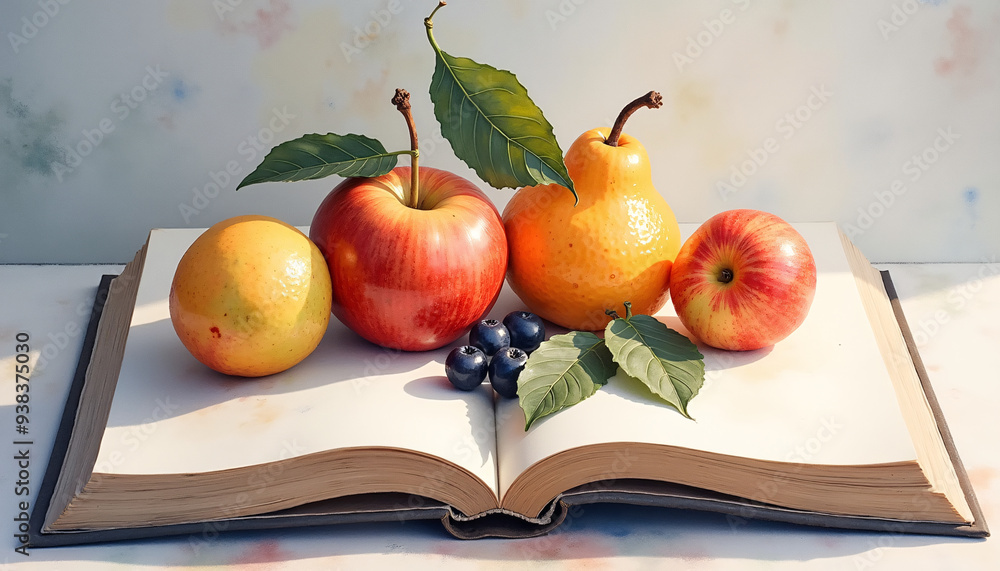 Watercolor still life paintings of fruits and objects decorating the ...