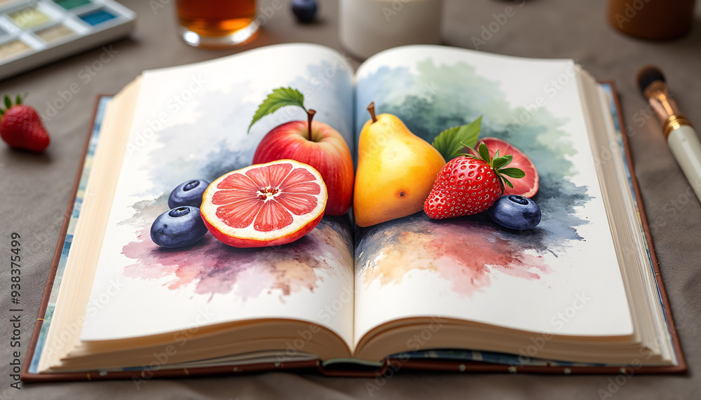 Watercolor still life paintings of fruits and objects decorating the ...