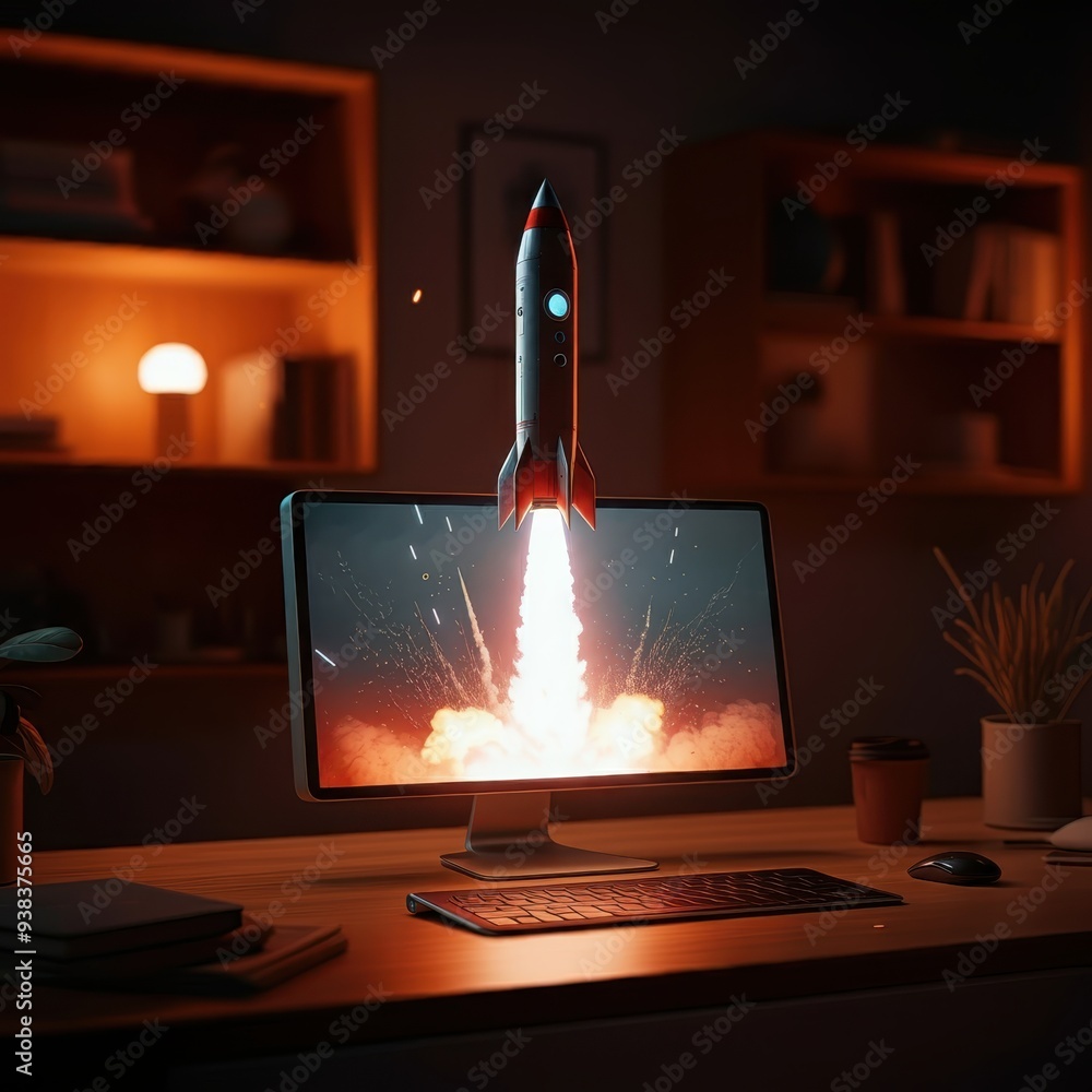 laptop on desk, screen displays rocket launch, dynamic lighting, sparks ...