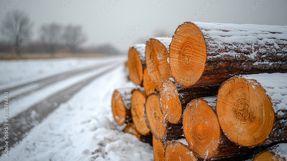 winding dirt road bordered by a dense forest, with a large pile of freshly cut logs stacked on ...
