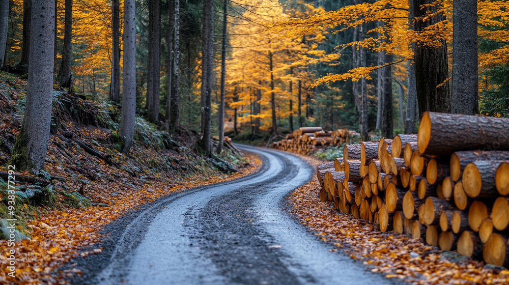 winding dirt road bordered by a dense forest, with a large pile of freshly cut logs stacked on ...