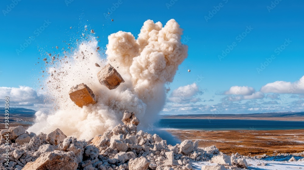An intense blast of rocks erupts and scatters debris into the air ...