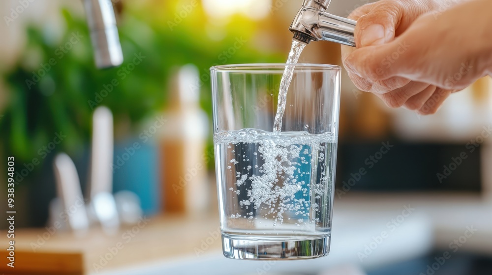 Hand pouring clear water from a faucet into a glass in a kitchen ...