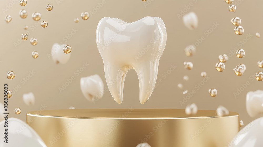 “A whitening tooth floating in the air on a gold podium, set against a ...