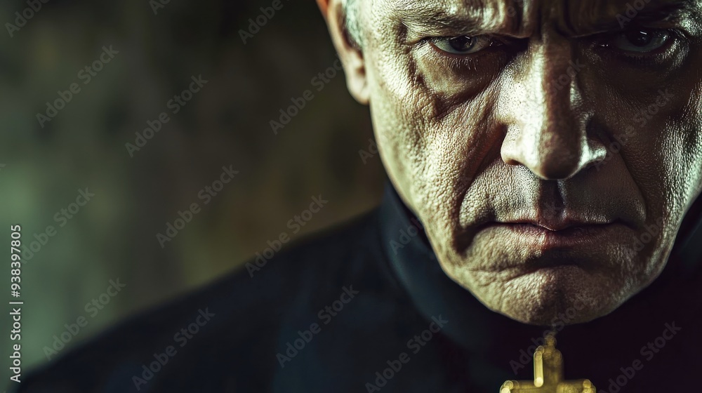 Close-up of an exorcist priest's face in traditional priest's outfit ...