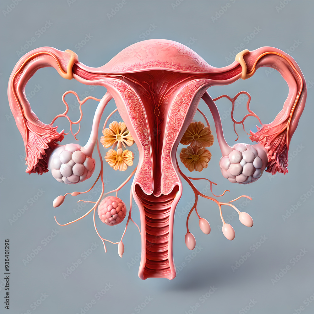 Detailed anatomy female reproductive system, highlighting uterus, ovaries, fallopian tubes ...