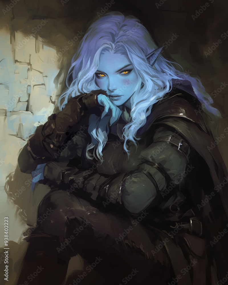 drow female warrior with silver hair and yellow eyes sitting in a dimly ...