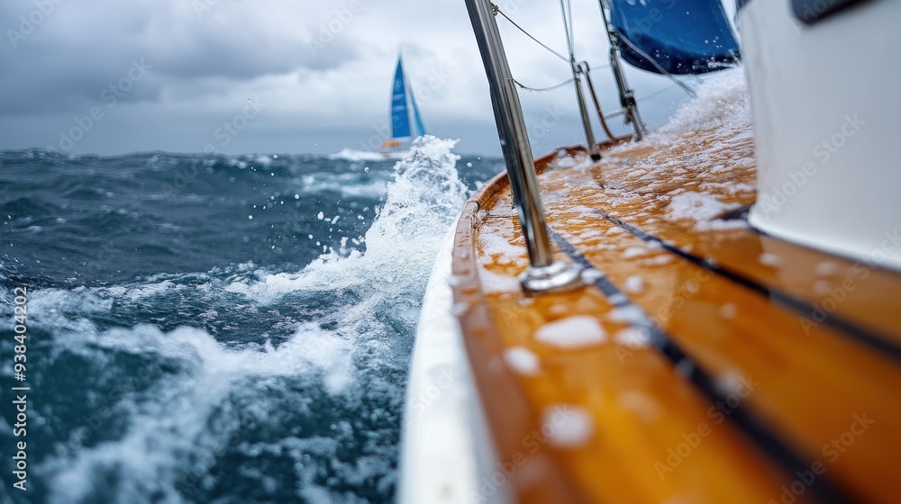 A sailboat navigating through a stormy sea with water splashing over ...