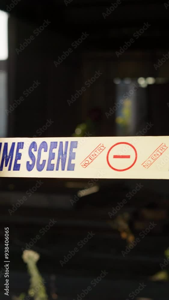 Building, barrier and yellow tape for crime scene, investigation or ...