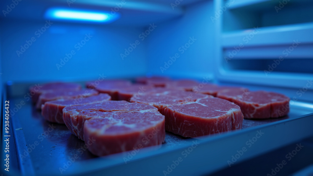Raw steaks in refrigerator. Red meat arranged neatly on a tray inside a ...