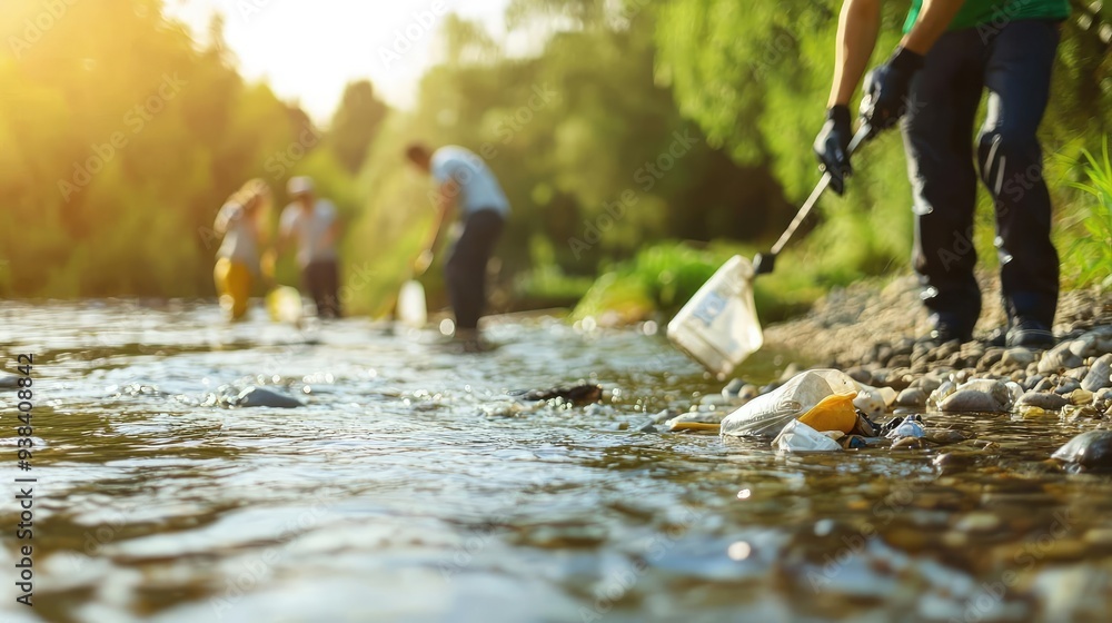 Volunteers cleaning a riverbank, collecting trash and promoting environmental awareness during a ...