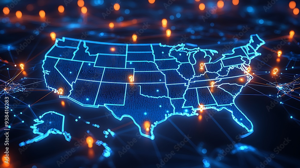 A high-tech, illuminated 3D map of the United States, showcasing ...
