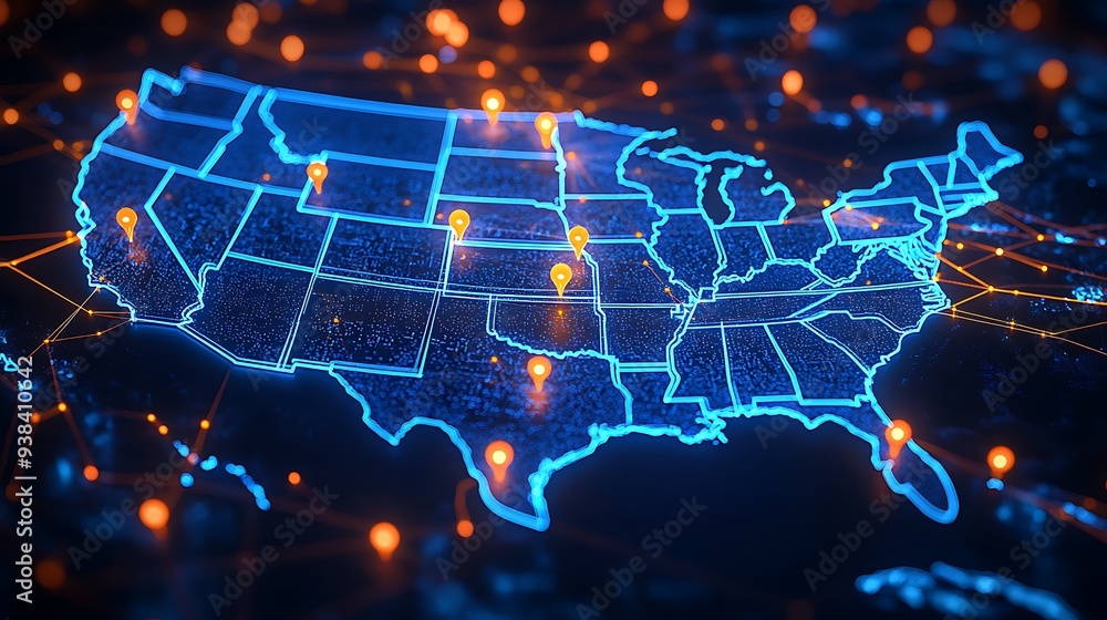 A high-tech, illuminated 3D map of the United States, showcasing ...